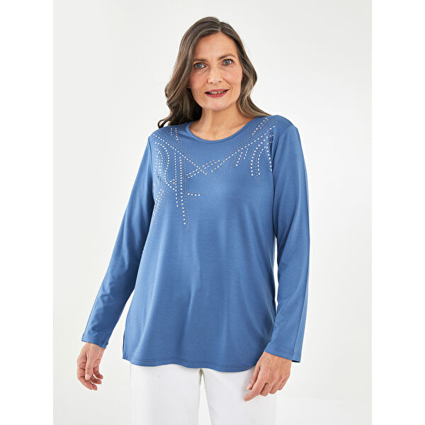 LCW GRACE Bisiklet Yaka Parlak Taş Baskılı Uzun Kollu Kadın Tişört