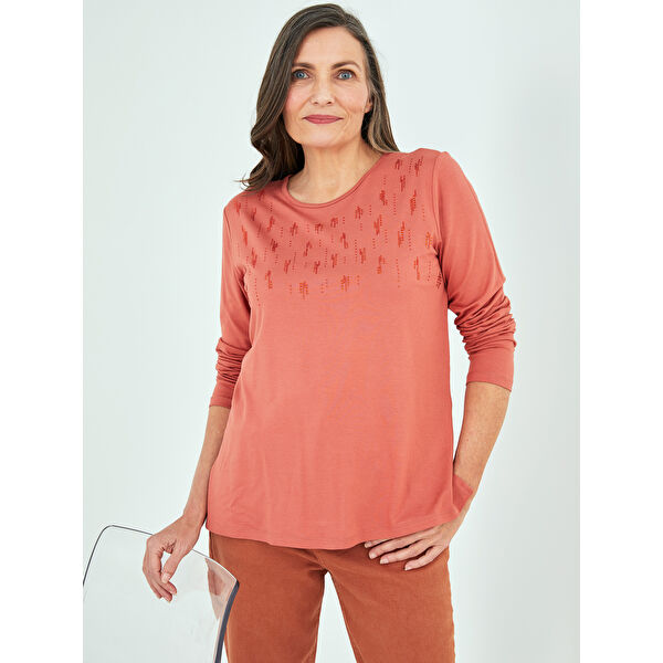 Bisiklet Yaka Parlak Taş Baskılı Uzun Kollu Kadın Tişört