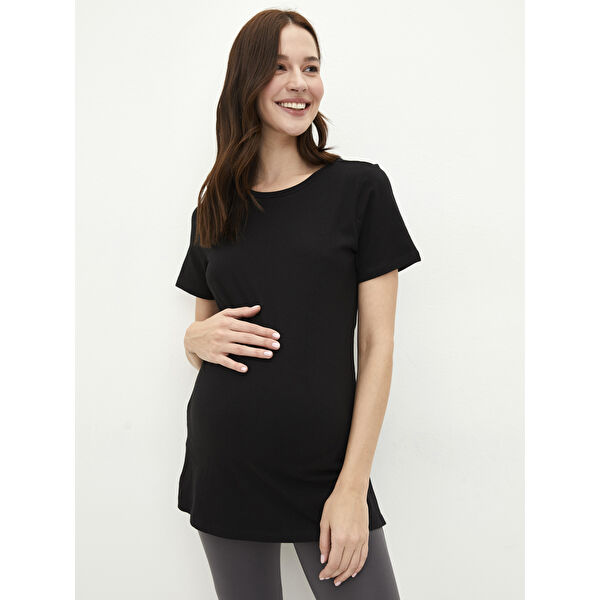 Bisiklet Yaka Düz Kısa Kollu Pamuklu Hamile Tişört