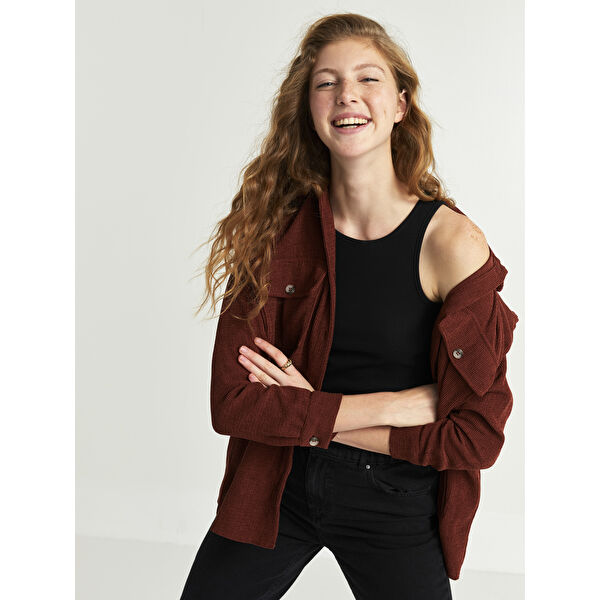 XSIDE Önden Düğme Kapamalı Düz Uzun Kollu Kadife Kadın Gömlek Ceket