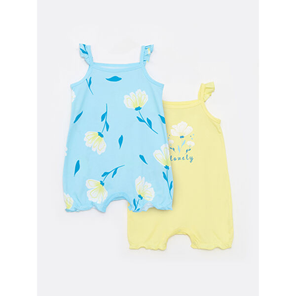 Kare Yaka Askılı Baskılı Pamuklu Kız Bebek Tulum 2'li