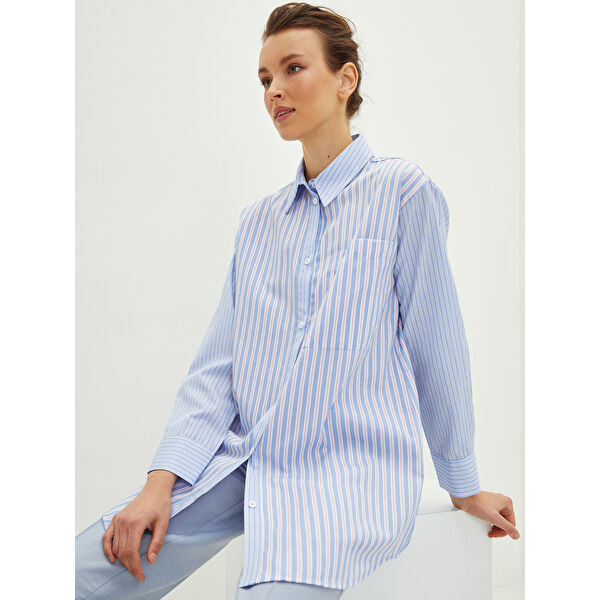 MODEST Gömlek Yaka Çizgili Uzun Kollu Oversize Kadın Tunik