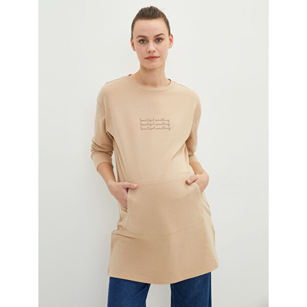 Bisiklet Yaka Yazı Baskılı Uzun Kollu Hamile Tunik