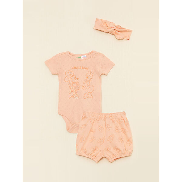 Bisiklet Yaka Minnie Mouse Baskılı Organik Pamuklu Kız Bebek 3'lü Takım