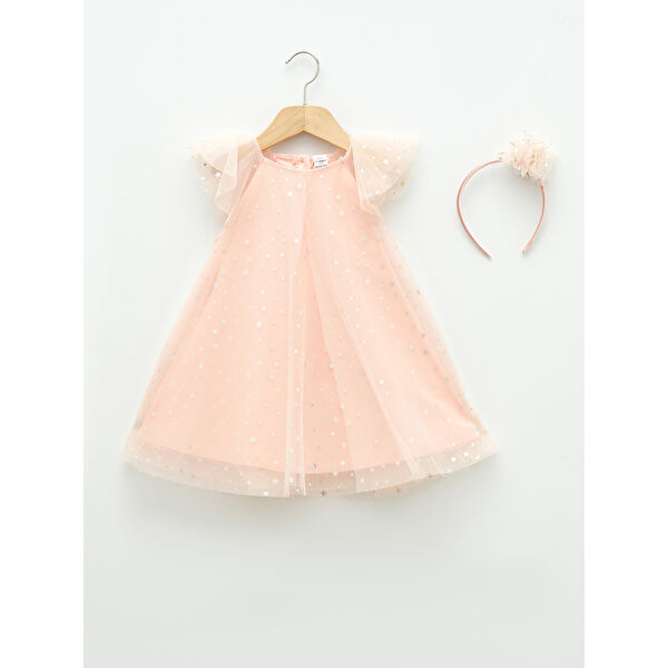 Bisiklet Yaka Baskılı Kısa Kollu Kız Bebek Tül Gelinlik ve Taç Bisiklet Yaka Baskılı Kısa Kollu Kız Bebek Tül Gelinlik ve Taç