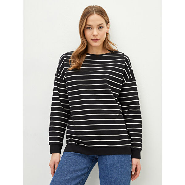 LCW BASIC Bisiklet Yaka Çizgili Uzun Kollu Oversize Kadın Sweatshirt