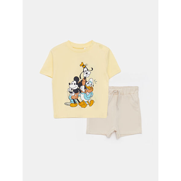 Bisiklet Yaka Kısa Kollu Mickey Mouse Baskılı Erkek Bebek Tişört ve Şort 2'li Takım