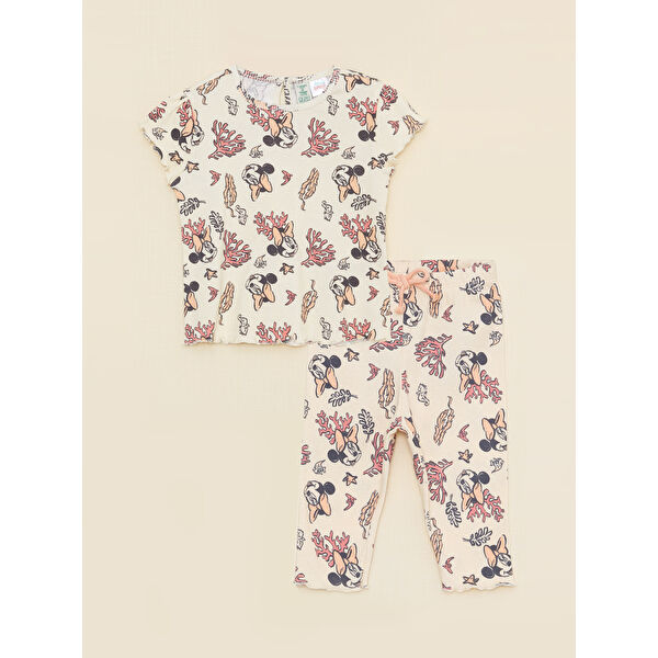 Bisiklet Yaka Kısa Kollu Minnie Mouse Baskılı Organik Pamuklu Kız Bebek Tişört ve Tayt 2'li Takım