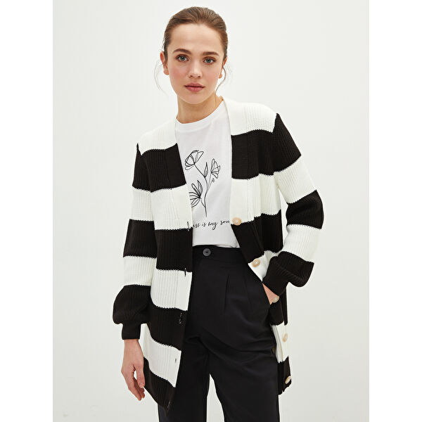 MODEST V Yaka Renk Bloklu Uzun Kollu Kadın Triko Hırka