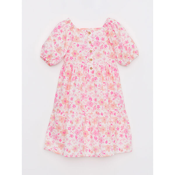 Kare Yaka Desenli Kısa Kollu Poplin Kız Çocuk Elbise