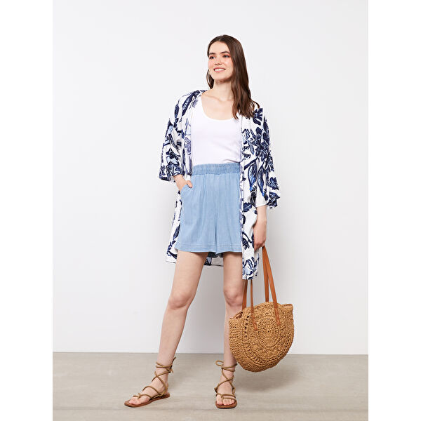 Beli Lastikli Düz Kadın Jean Şort