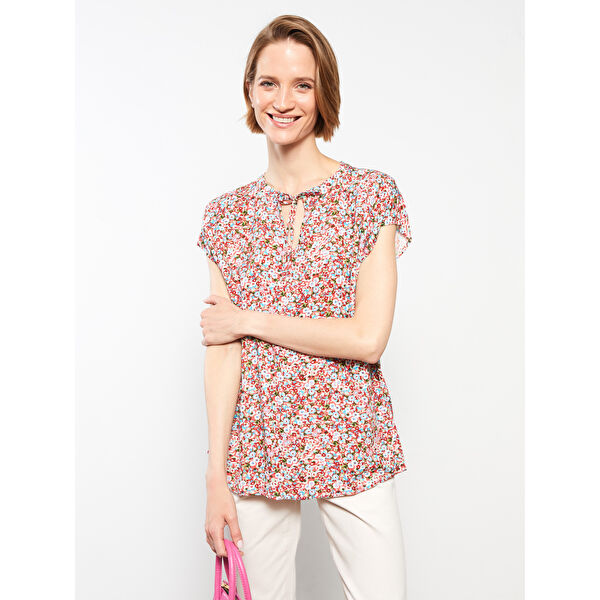 Bağlamalı Yaka Desenli Kısa Kollu Viskon Kadın Bluz