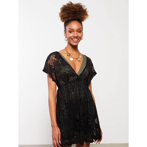 V Yaka Nakışlı Kısa Kollu Kadın Plaj Elbise V Yaka Nakışlı Kısa Kollu Kadın Plaj Elbise