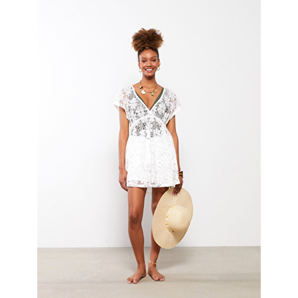 V Yaka Nakışlı Kısa Kollu Kadın Plaj Elbise V Yaka Nakışlı Kısa Kollu Kadın Plaj Elbise