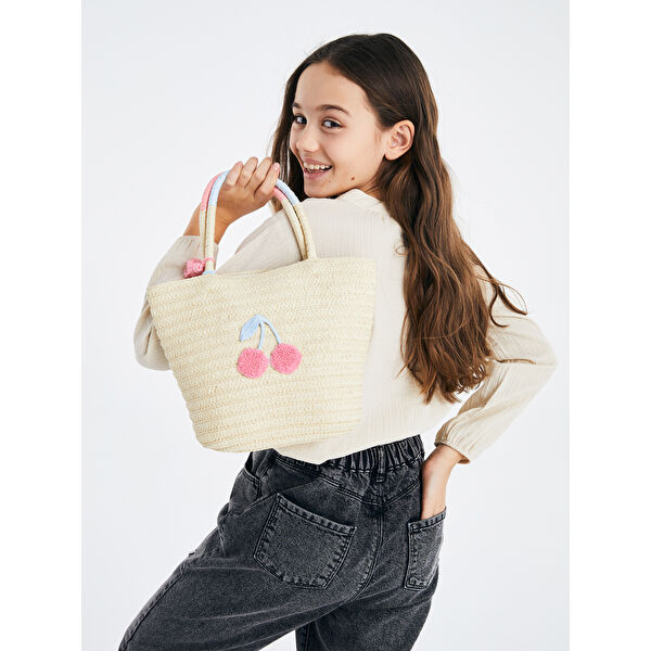 Kiraz Nakışlı Kız Çocuk Hasır Kol Çantası