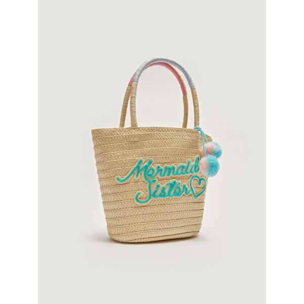 Yazı Nakışlı Ponpon Detaylı Kız Çocuk Hasır Kol Çantası Yazı Nakışlı Ponpon Detaylı Kız Çocuk Hasır Kol Çantası