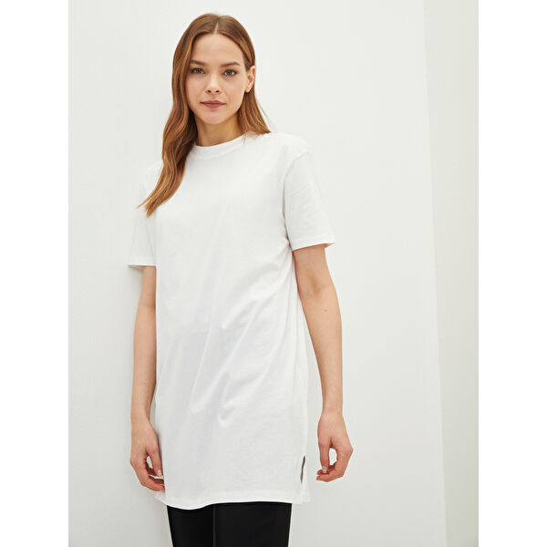 Bisiklet Yaka Düz Kısa Kollu Oversize Pamuklu Kadın Tunik