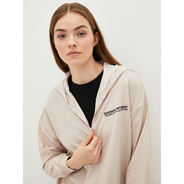 MODEST Kapüşonlu Yazı Baskılı Uzun Kollu Oversize Kadın Spor Hırka