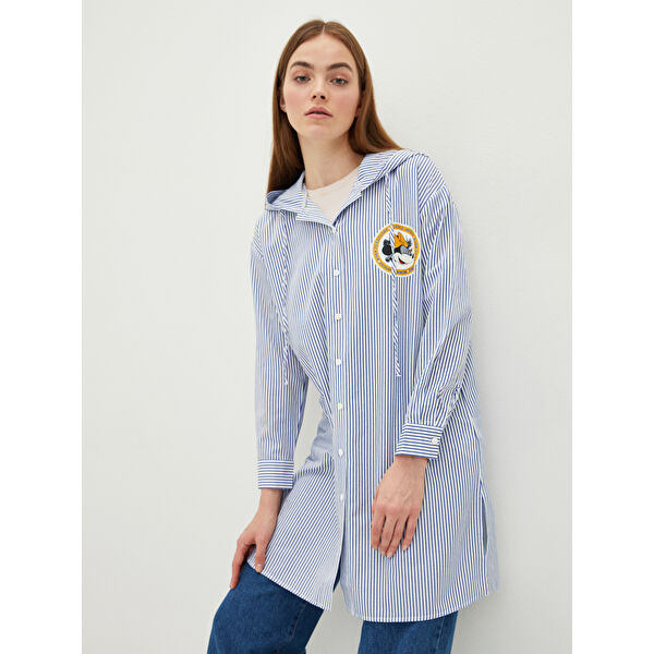 MODEST Kapüşonlu Çizgili Uzun Kollu Oversize Kadın Tunik