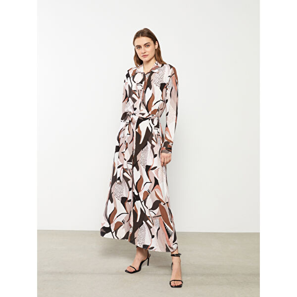 Gömlek Yaka Desenli Uzun Kollu Viskon Kadın Elbise Gömlek Yaka Desenli Uzun Kollu Viskon Kadın Elbise