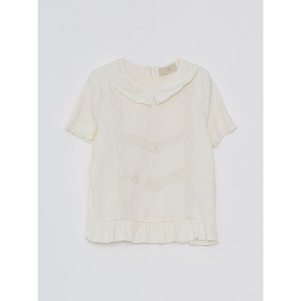 Bebe Yaka Kendinden Desenli Kısa Kollu Kız Çocuk Bluz