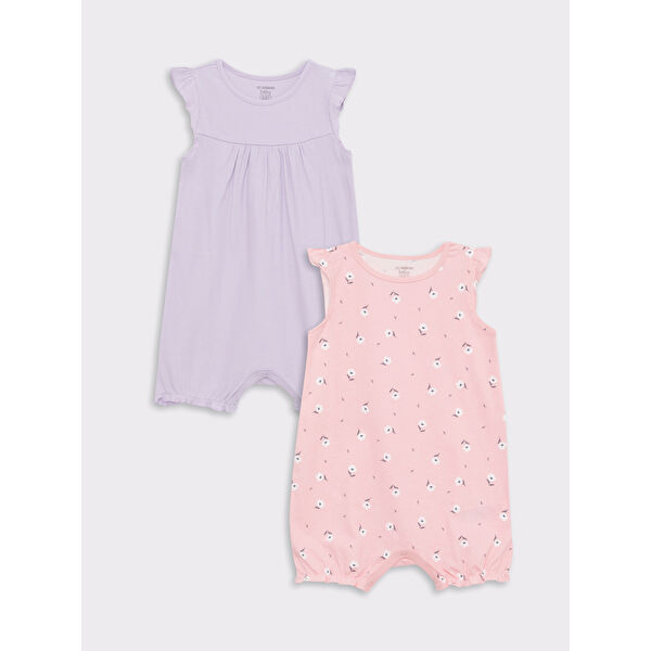 Bisiklet Yaka Kısa Kollu Baskılı Pamuklu Kız Bebek Tulum 2'li