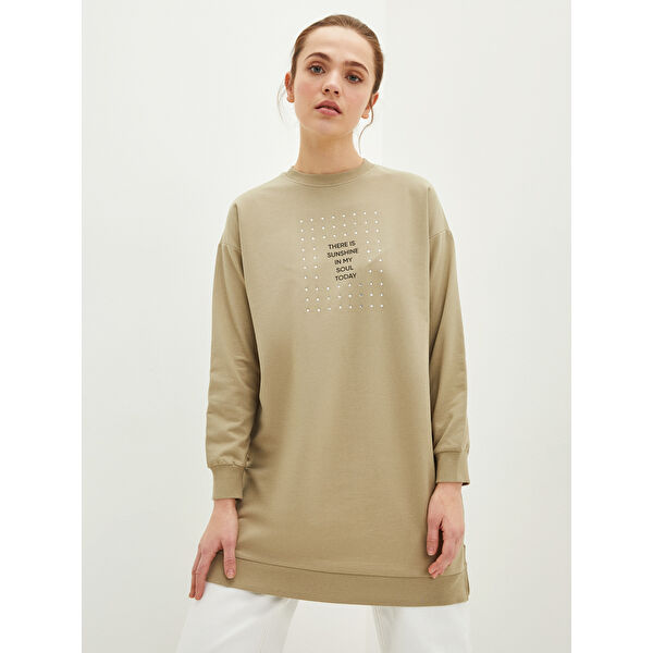 MODEST Bisiklet Yaka Baskılı Uzun Kollu Oversize Kadın Sweatshirt Tunik