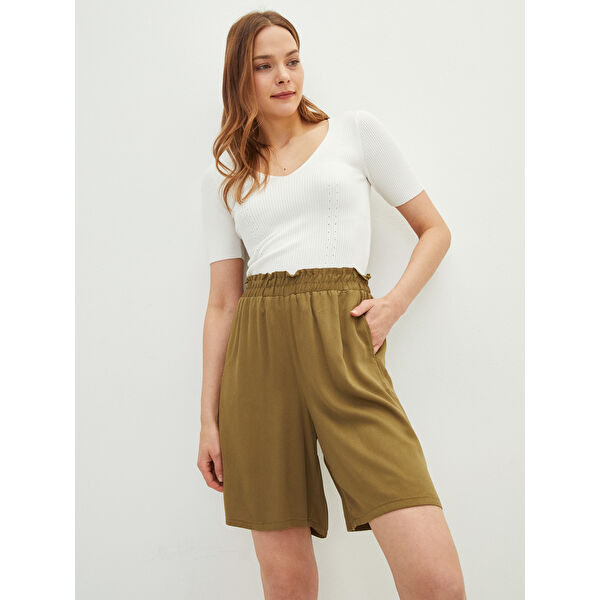 Beli Lastikli Düz Viskon Kadın Bermuda Şort