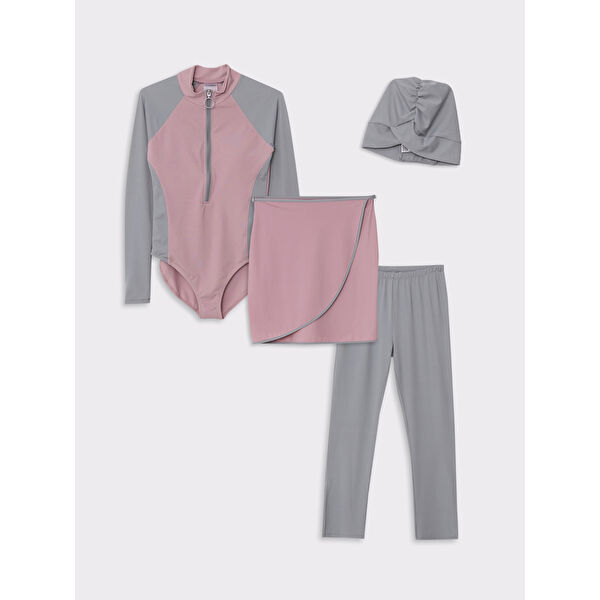 Dik Yaka Renk Bloklu Uzun Kollu Kadın Tesettür Mayo Takımı Dik Yaka Renk Bloklu Uzun Kollu Kadın Tesettür Mayo Takımı