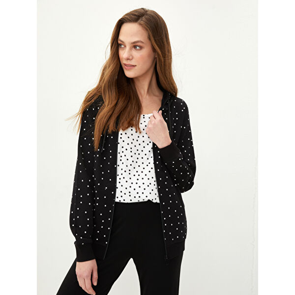 Kapüşonlu Puantiyeli Uzun Kollu Pamuklu Kadın Spor Hırka