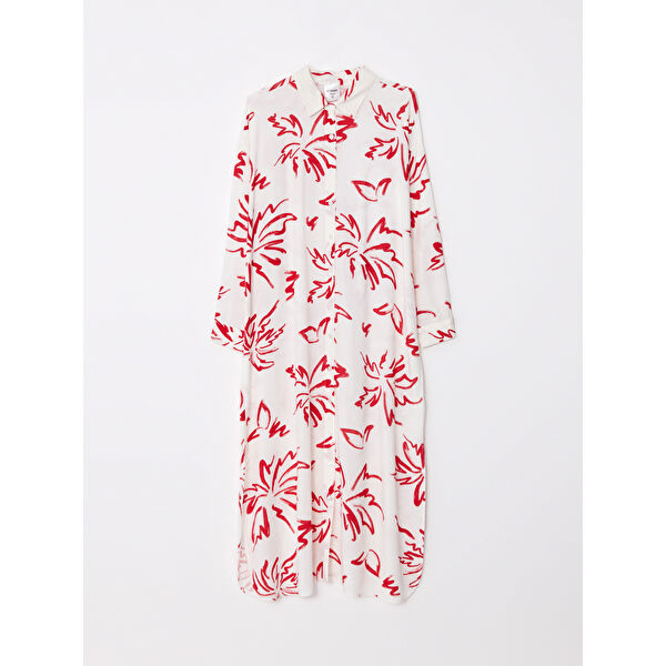 LCW DREAM Gömlek Yaka Desenli Uzun Kollu Poplin Kadın Plaj Elbisesi