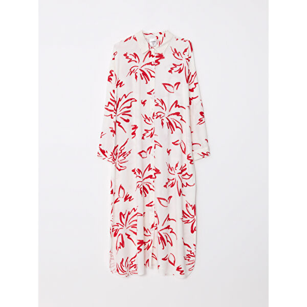 LCW DREAM Gömlek Yaka Desenli Uzun Kollu Poplin Kadın Plaj Elbisesi