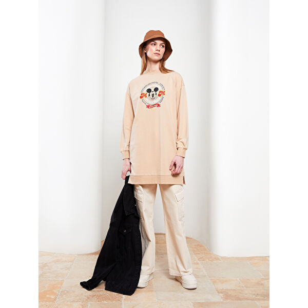 MODEST Bisiklet Yaka Mickey Mouse Baskılı Uzun Kollu Oversize Kadın Sweatshirt Tunik