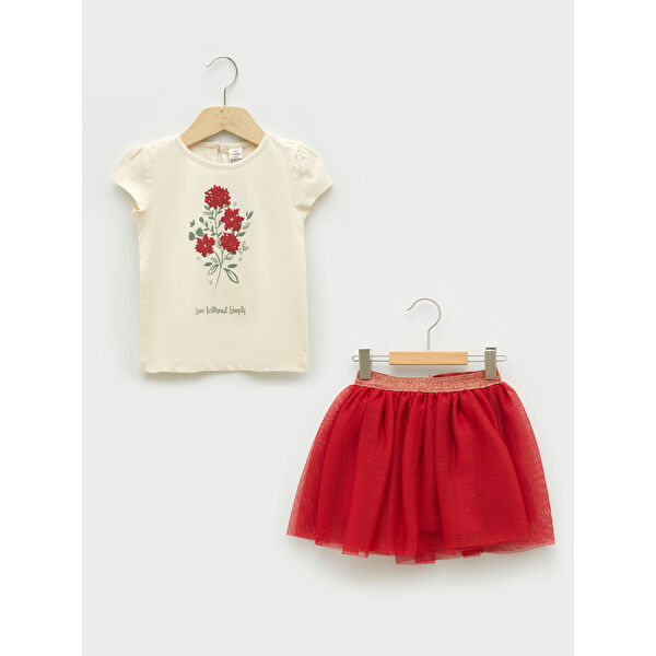 Bisiklet Yaka Kısa Kollu Baskılı Kız Bebek Tişört ve Tül Etek 2'li Takım
