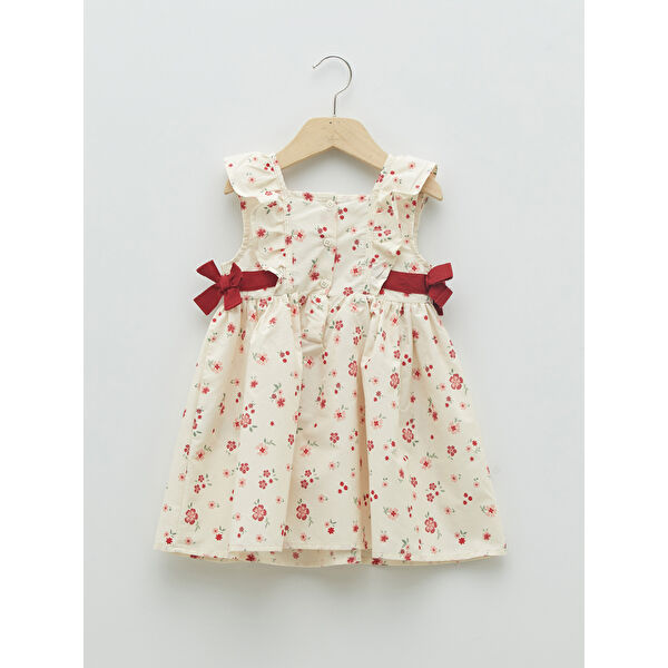 Kare Yaka Desenli Poplin Kız Bebek Elbise