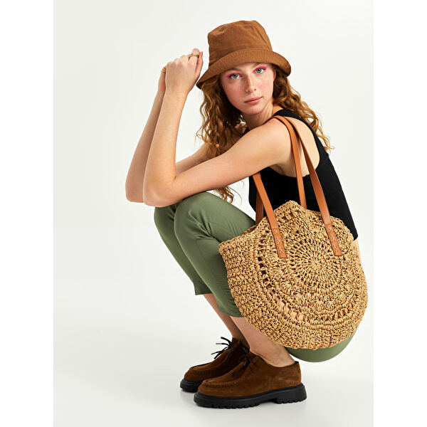 Kendinden Desenli Hasır Kadın Plaj Çantası