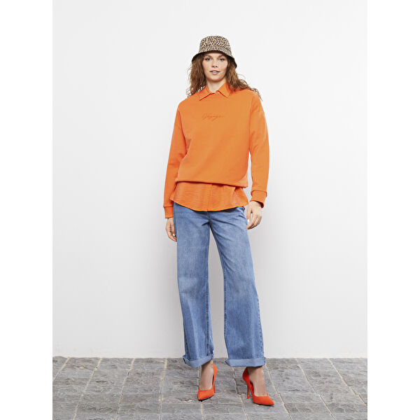 Bisiklet Yaka Nakışlı Uzun Kollu Kadın Sweatshirt