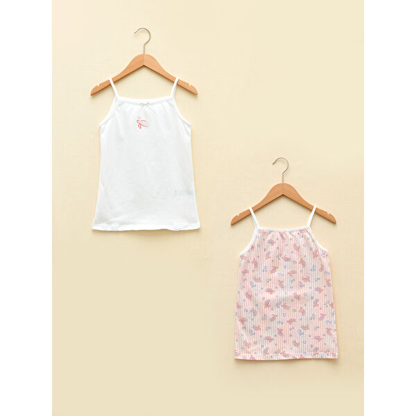 Kare Yaka Baskılı Askılı Organik Pamuklu Kız Çocuk Atlet 2'li