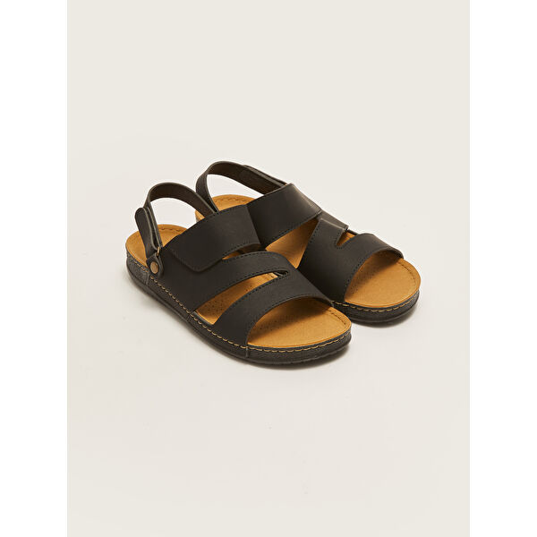 Deri Görünümlü Cırt Cırtlı Erkek Sandalet