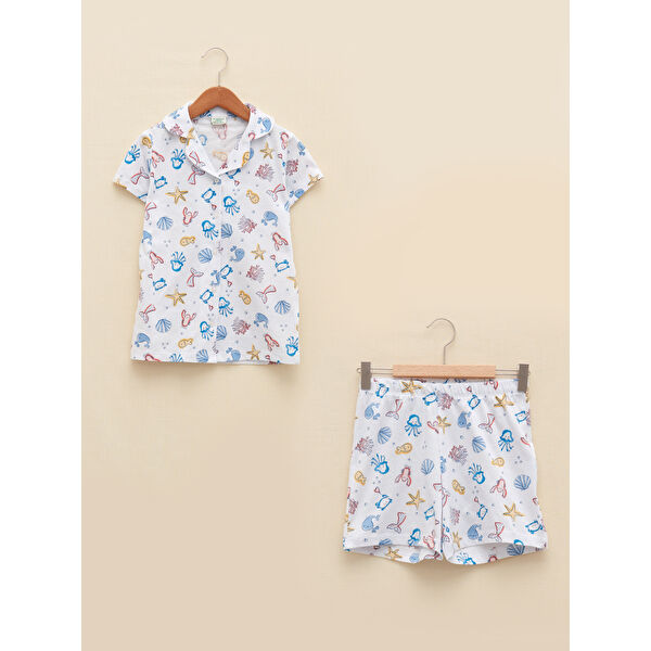 Gömlek Yaka Baskılı Kısa Kollu Organik Pamuklu Kız Çocuk Şortlu Pijama Takımı