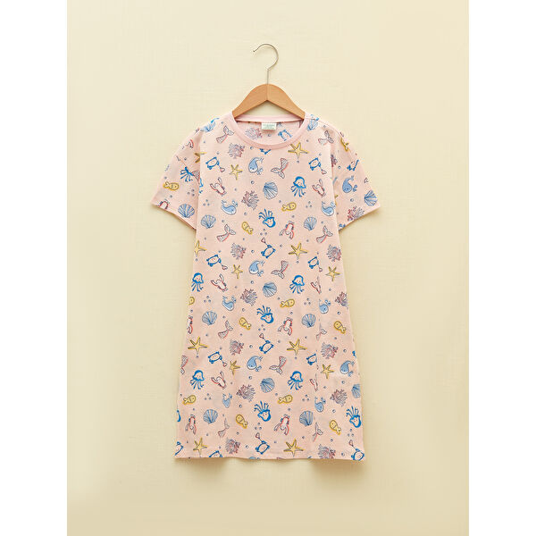 LCW GREEN Bisiklet Yaka Baskılı Kısa Kollu Organik Pamuklu Kız Çocuk Gecelik