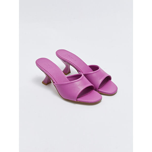 Deri Görünümlü Tek Bantlı Topuklu Kadın Terlik