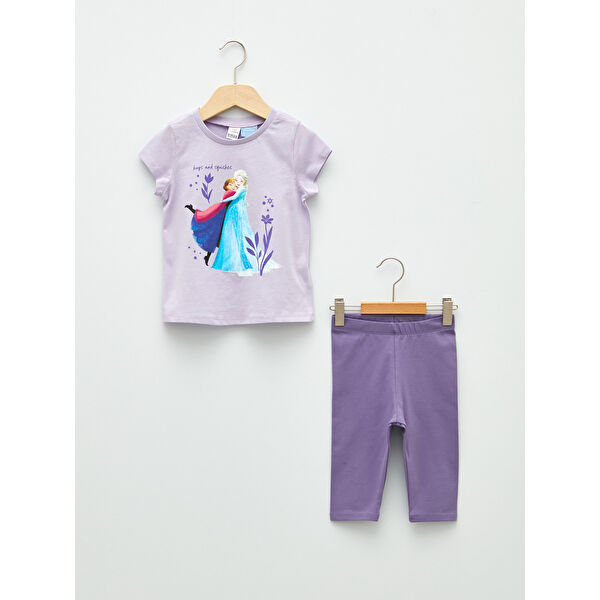 Bisiklet Yaka Kısa Kollu Frozen Baskılı Pamuklu Kız Bebek Tişört ve Tayt 2'li Takım Bisiklet Yaka Kısa Kollu Frozen Baskılı Pamuklu Kız Bebek Tişört ve Tayt 2'li Takım