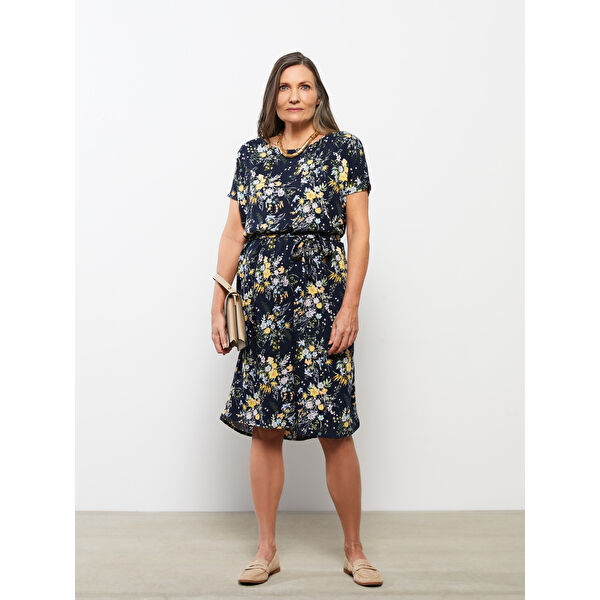 LCW GRACE Bisiklet Yaka Çiçekli Kısa Kollu A Kesim Viskon Kadın Elbise