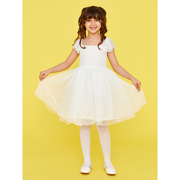 Kare Yaka Kendinden Desenli Kısa Kollu Kız Çocuk Elbise