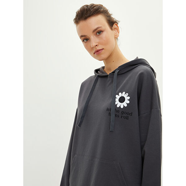 MODEST Kapüşonlu Baskılı Uzun Kollu Oversize Kadın Sweatshirt Tunik