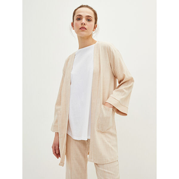 MODEST Şal Yaka Düz Uzun Kollu Oversize Keten Kadın Kimono