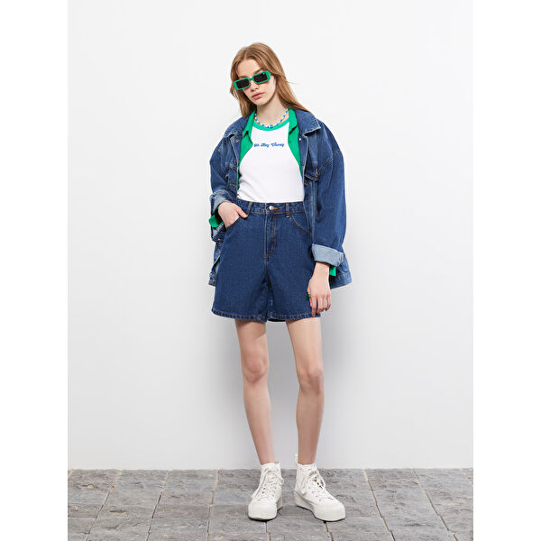 Yüksek Bel Standart Fit Düz Cep Detaylı Kadın Rodeo Jean Şort