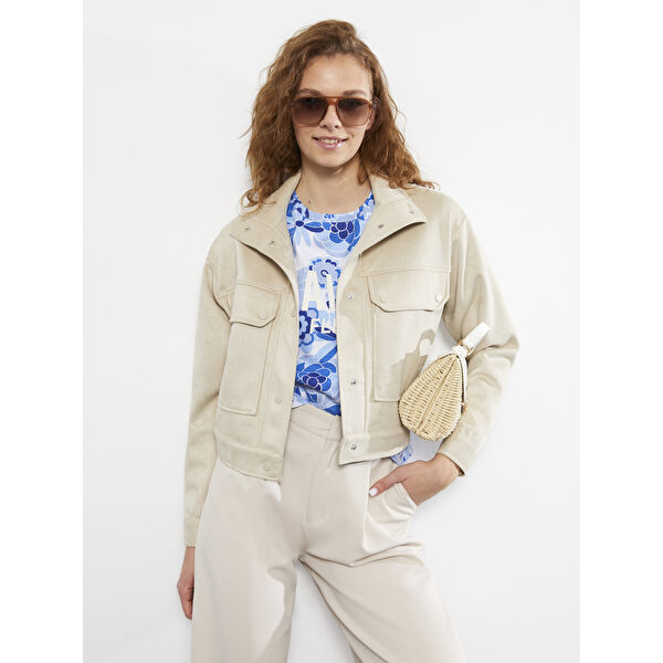 LCW CASUAL Dik Yaka Düz Uzun Kollu Kadın Deri Görünümlü Mont