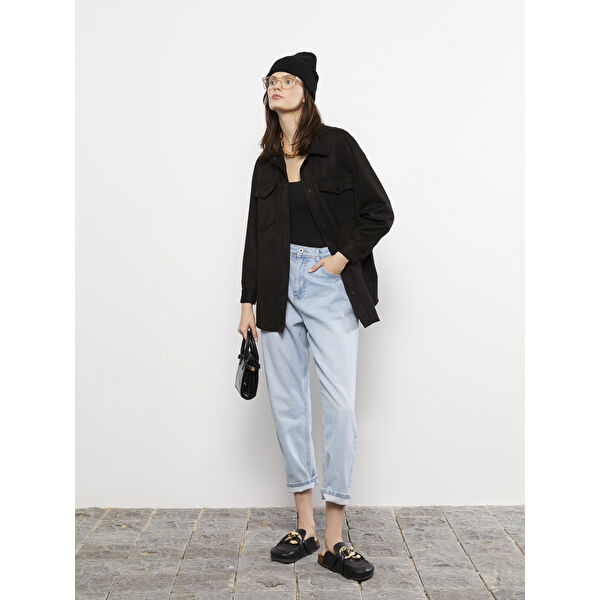 LCW CASUAL Gömlek Yaka Düz Uzun Kollu Kadın Deri Görünümlü Mont